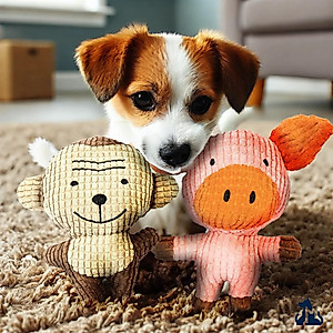 Pet purify Dog Toy, Interactive and Chewable, Ideal for Small and Medium Breeds. Dental Cleaning Toy Keeps Your Pet Busy. Plush toys. Squeaky Toy. 2 Soft Bristle Dog Toothbrushes. (Monkey and pig)