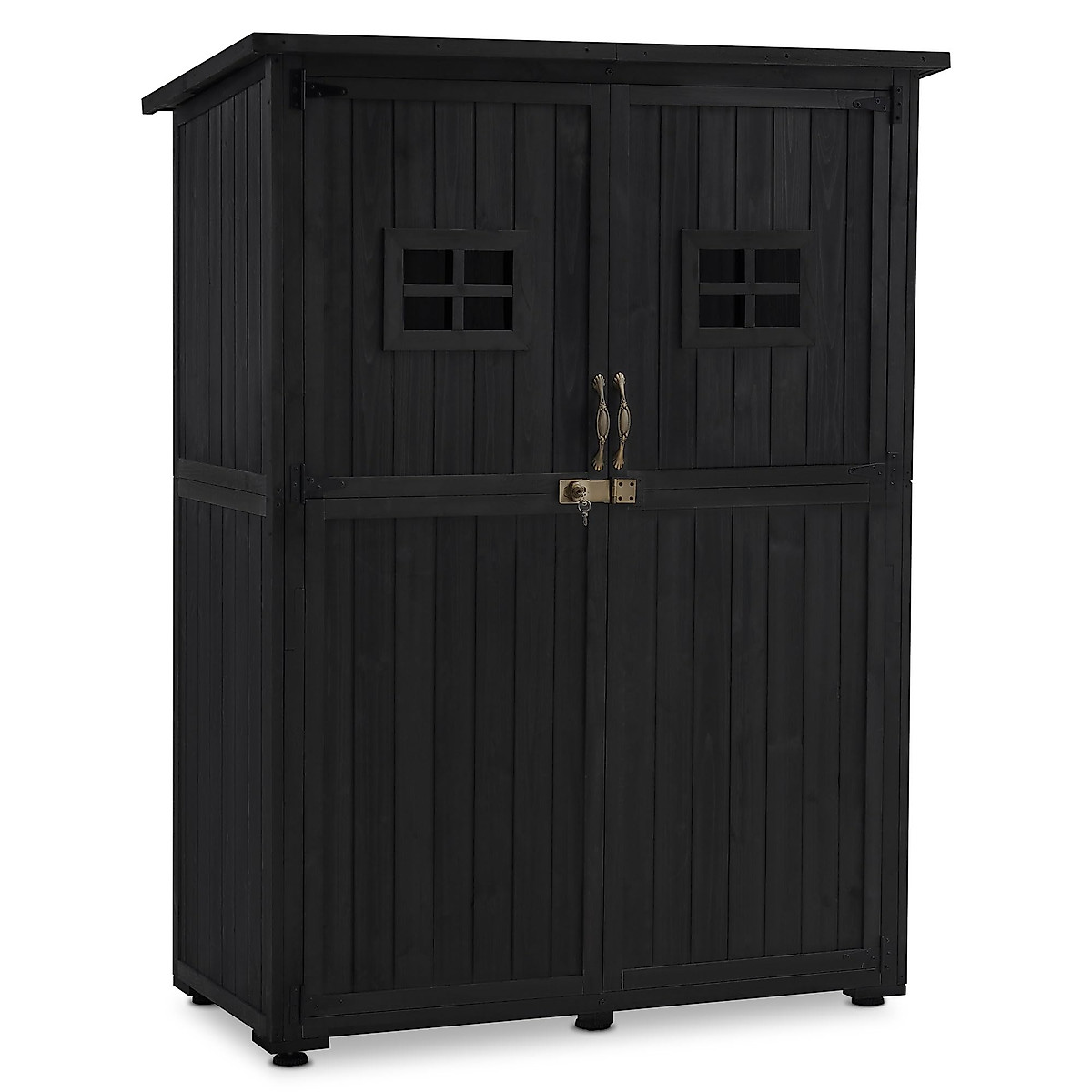 MCombo Large Wooden Outdoor Storage Shed with 2 Shelves, Oversize Garden Tool Shed with Lock, Outdoor Storage Cabinet with Floor for Patio and Yard (46.9" x 22.4" x 66") 1911 (Black)