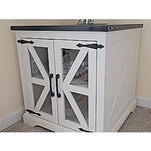 Farmhouse End Table with Charging Station, 24" Large Sofa Side Table with Glass Barn Door, White Nightstand with Adjustable Storage Shelf, Rustic Wood Bedside Table for Living Room, Bedroom