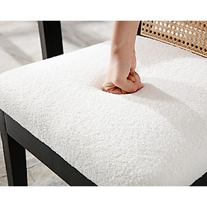 Farmhouse Rattan Dining Chairs Set of 4, Mid Century Modern Sherpa Boucle Kitchen & Dining Room Chairs, Upholstered Black Cane Dining Chair Kitchen Chairs Side Chairs with Black Hardwood Frame, White