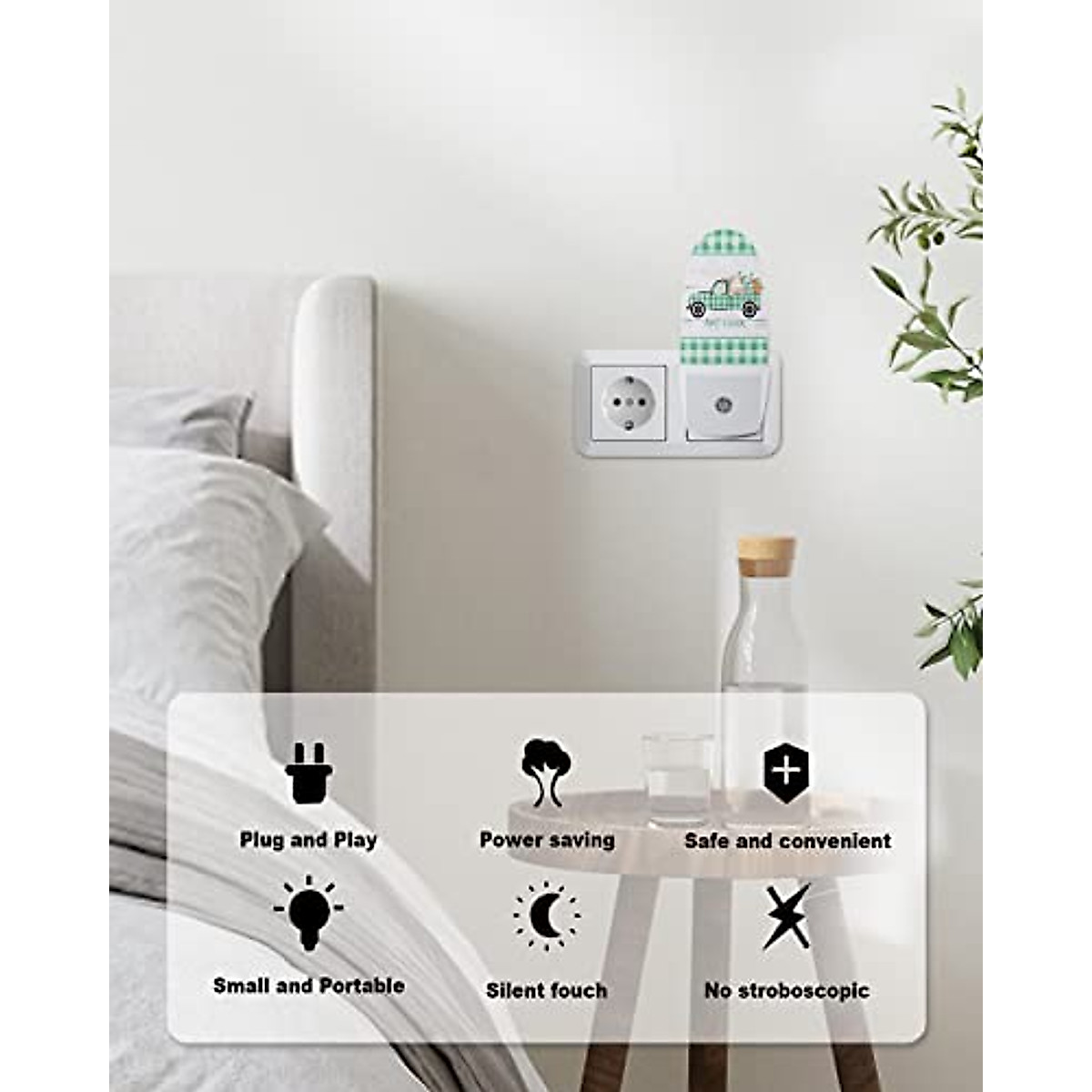 Plug-in LED Night Light with Auto Light Sensor - Popsicle Shape Nightlight Baby Night Lights for Hallway Bedroom Kids Room - Happy Easter Green Plaid Truck with Bunny and Easter Eggs Retro Wood Board