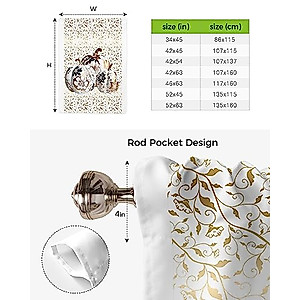 Autumn Thanksgiving Tie Up Curtains for Window, Fall Pumpkins Gold Leaves White Thermal Insulted Balloon Shade Adjustable Rod Pocket Curtains Valance Panels for Kitchen Bathroom Café 42 x 63