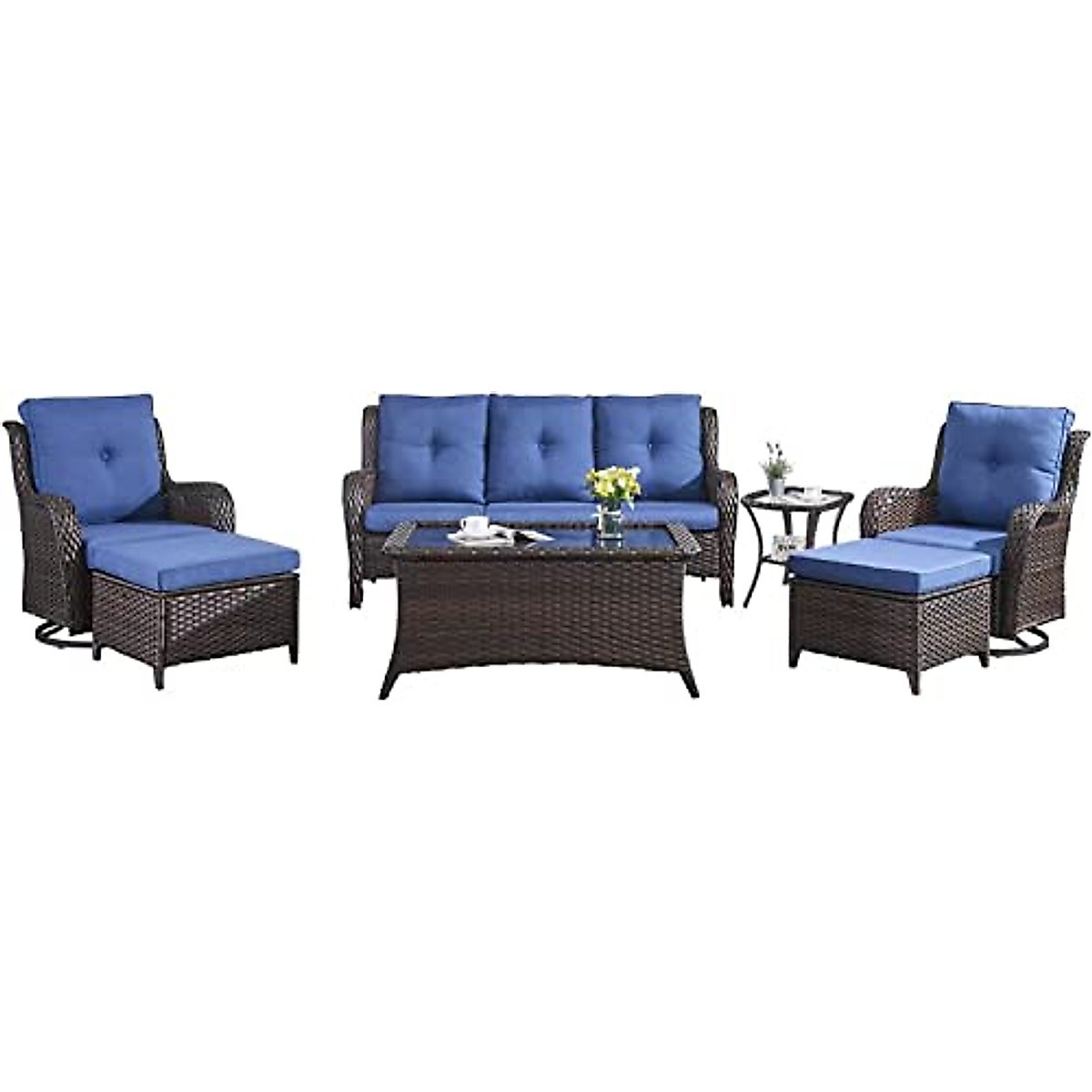 HUMMUH Outdoor Patio Furniture 7 Pieces Furniture Set Wicker Outdoor Sectional Couch with Patio Swivel Glider Chairs,Coffee Side Table,Ottomans for Patio