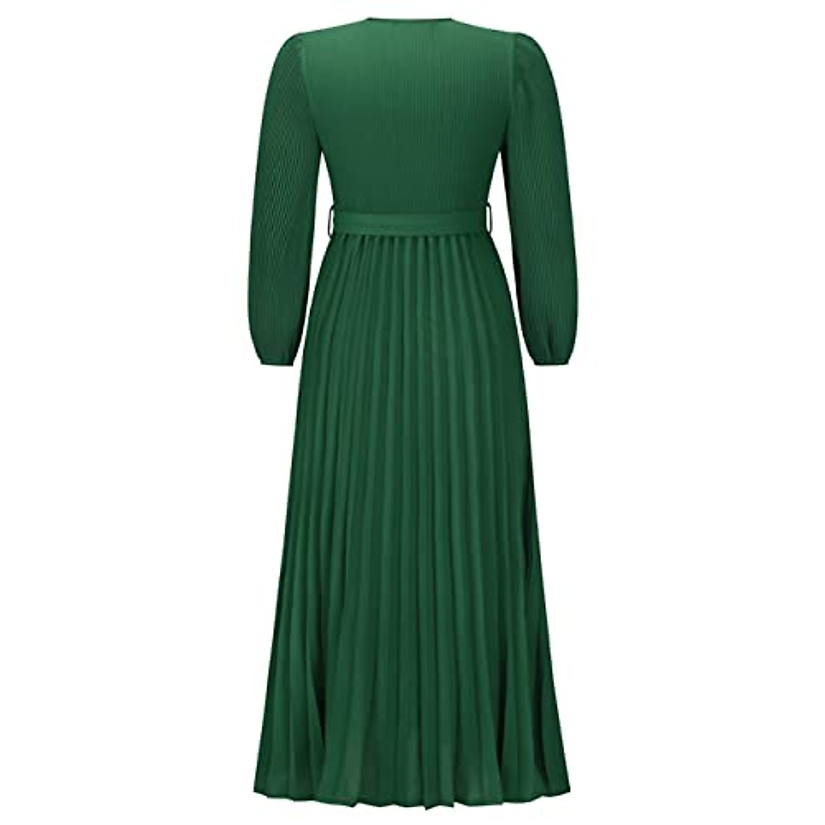 Women's Elegant Wrap V Neck Lantern Sleeve Belted Pleated Flowy Maxi Long Dress Wedding Guest Dress