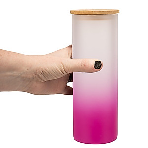Elanze Designs 25 oz Blank Gradient Frosted Glass Travel Tumbler With Straw & Bamboo Lid For Iced or Hot Beverage, Magenta Pink Ombre