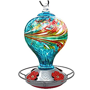 Hummingbird Feeder by Grateful Gnome - Large Hand Blown Stained Glass Feeder for Garden, Patio, Outdoors, Window with Accessories S-Hook, Ant Moat, Brush - 36fl oz, Large Blue Egg Design