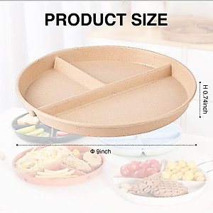 9-Inch Wheat Portion Control Plate, 5-Piece Unbreakable Plastic Adult Portioning Plate, Dishwasher Safe/Reusable, 3 Sections Of Round Kids Separate Plates For Healthy Eating And Weight Loss (Beige)