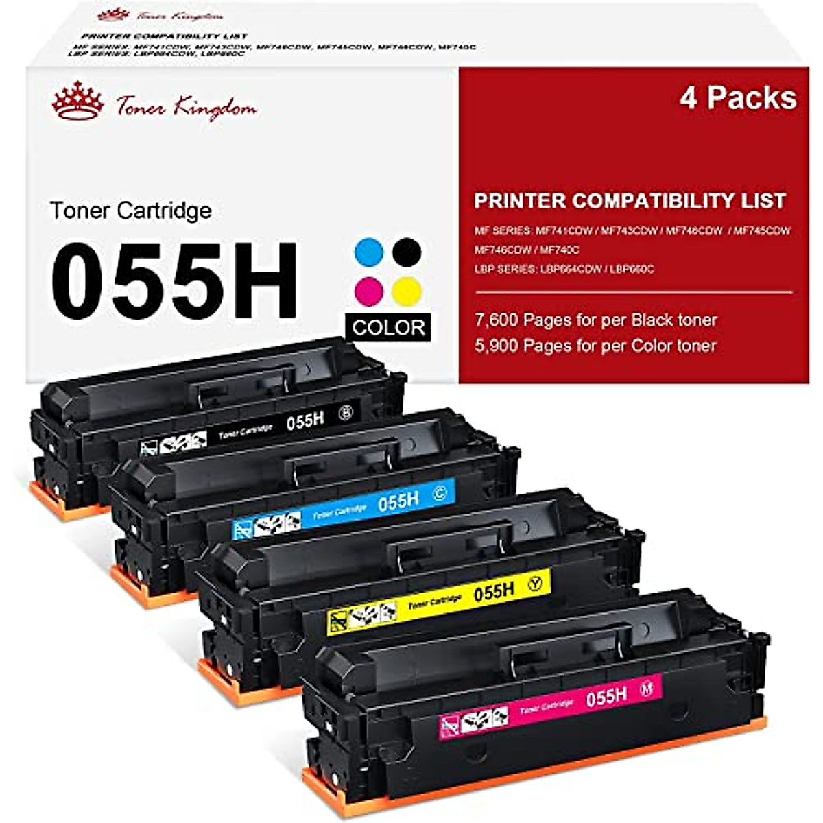 Toner Kingdom Compatible 055H Toner Cartridge Replacement for Canon 055H 055 High Yield Color imageCLASS MF741Cdw MF743Cdw MF745Cdw MF746Cdw LBP664Cdw Toner Printer (Black,Cyan,Yellow,Magenta)