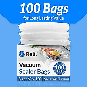 Reli. Vacuum Sealer Bags 6x10 in. | 100 Bags | Pre-Cut Embossed Vacuum Bags for Food | BPA Free | Vacuum Seal Bags for Sous Vide, Food Freezer Storage/Food Prep | Pint Size, Clear