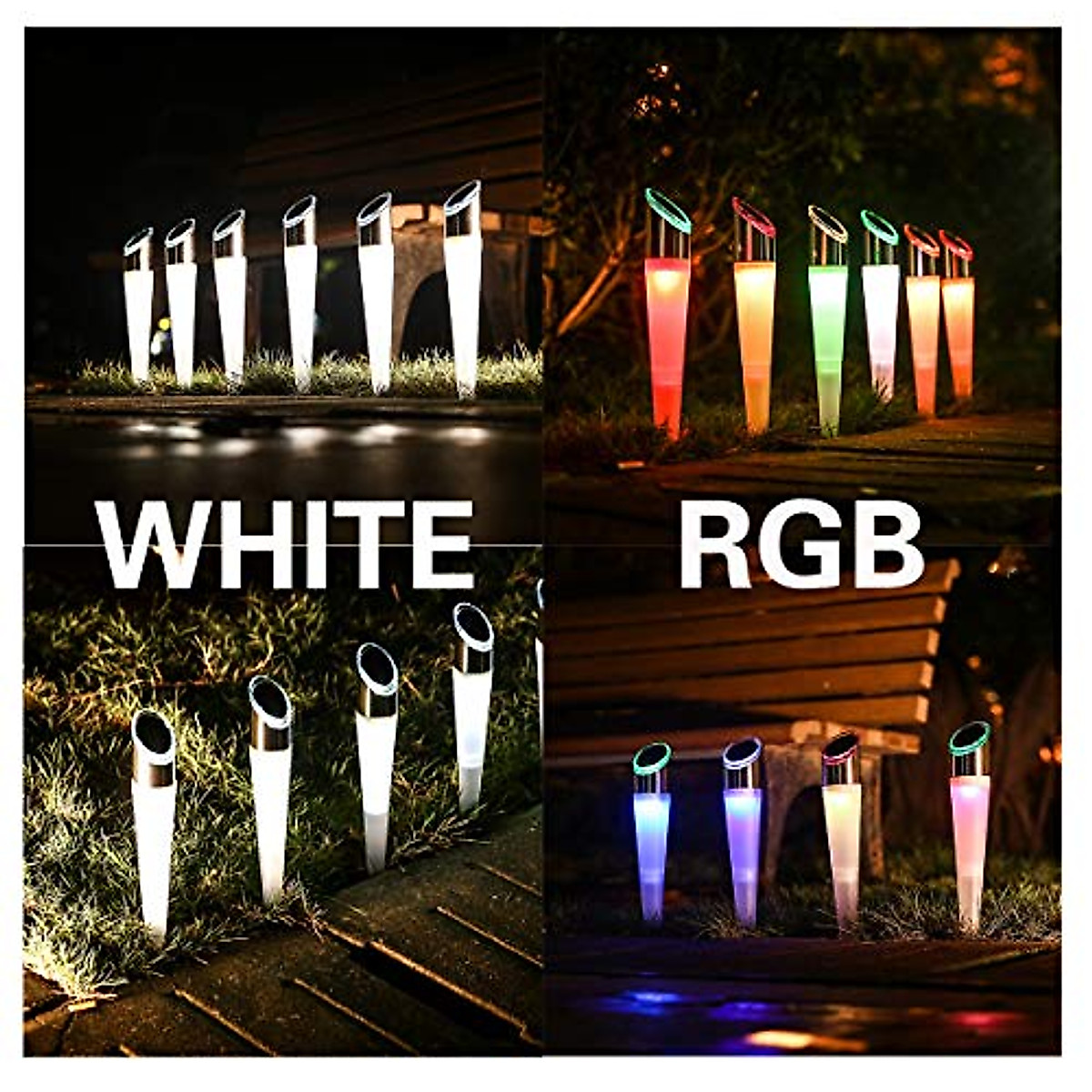 pearlstar Solar Lights Outdoor Garden Pathway Lights LED White&Color Changing Lights Landscape Lighting Waterproof for Path Lawn Patio Yard Walkway Driveway,4 LED Bulbs& 2 Lights Effect (6pack)