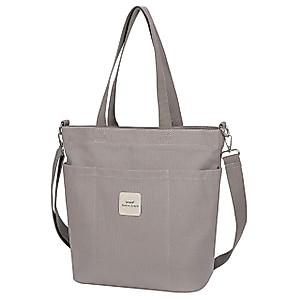 Iswee Canvas Tote Bag with Zipper Multi Pockets Tote Purse for Women Fashion Crossbody Tote Shoulder Bag Handbag Everyday Bag(Grey)