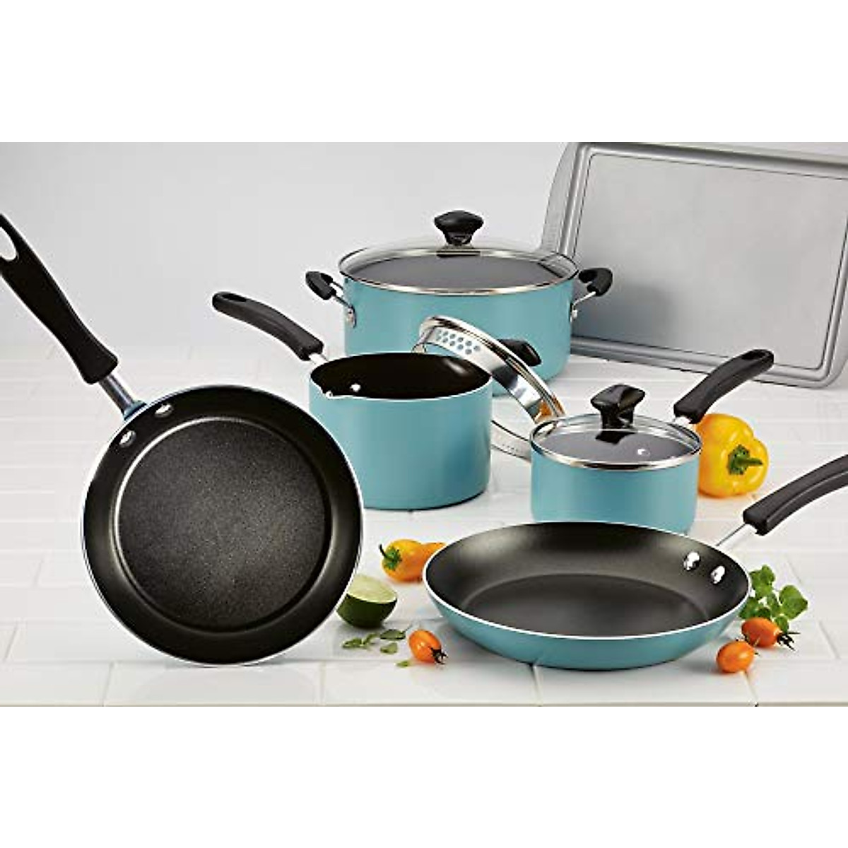 Farberware Cookstart DiamondMax Nonstick Cookware/Pots and Pans Set, Dishwasher Safe, Includes Baking Pan and Cooking Tools, 15 Piece - Aqua
