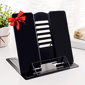 MSDADA Desk Book Stand Metal Reading Rest Book Holder Adjustable Cookbook Documents Holder Portable Sturdy Bookstands for Recipes Textbooks Tablet Music Books with Page Clips (Black)