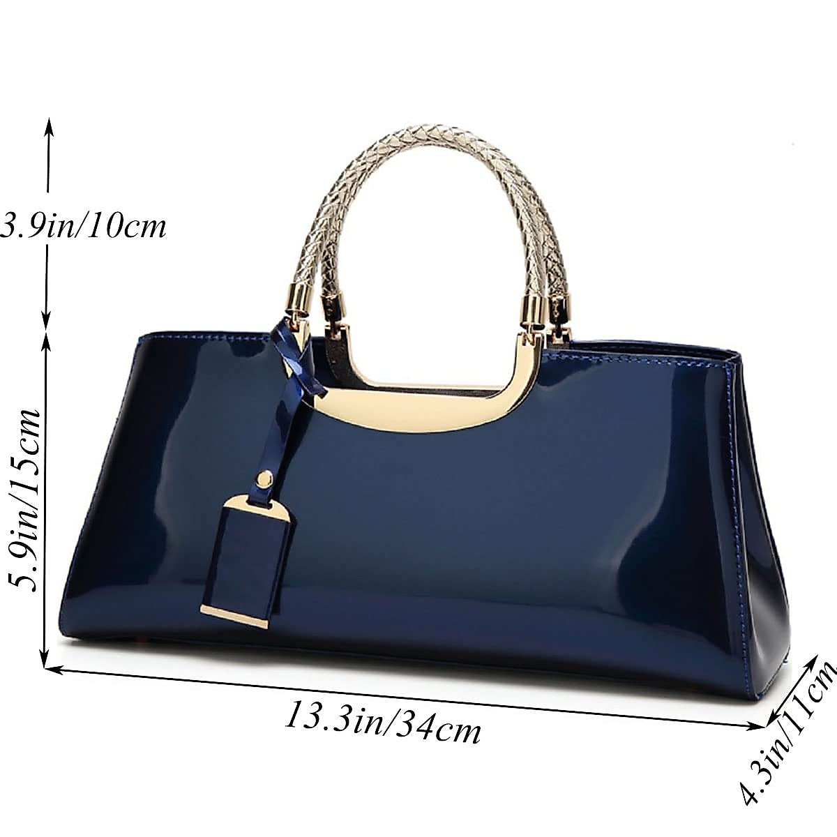 XingChen Glossy Women Handbag Faux Patent Leather Top-Handle Bag Structured Shoulder Bag Tote Evening Purse Party Satchel(Blue)