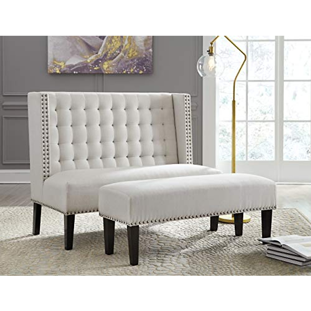 Signature Design by Ashley Beauland Modern Chic Upholstered Tufted Accent Settee Bench, Cream