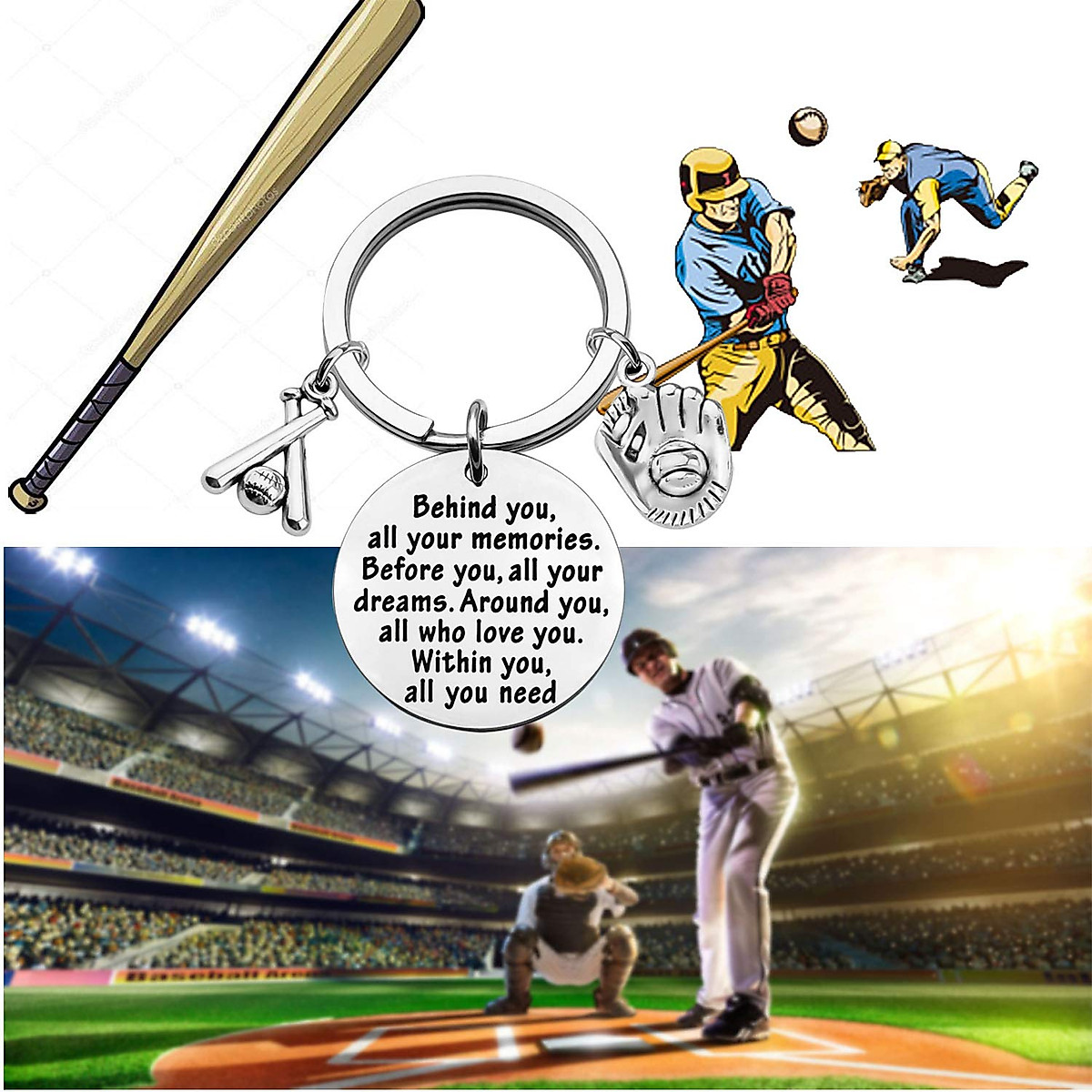 FEELMEM Baseball Keychain Baseball Player Gift Behind You All Memories Before You All Your Dream Keychain Softball Baseball Jewelry Baseball Mom Gift (Baseball Keychain)