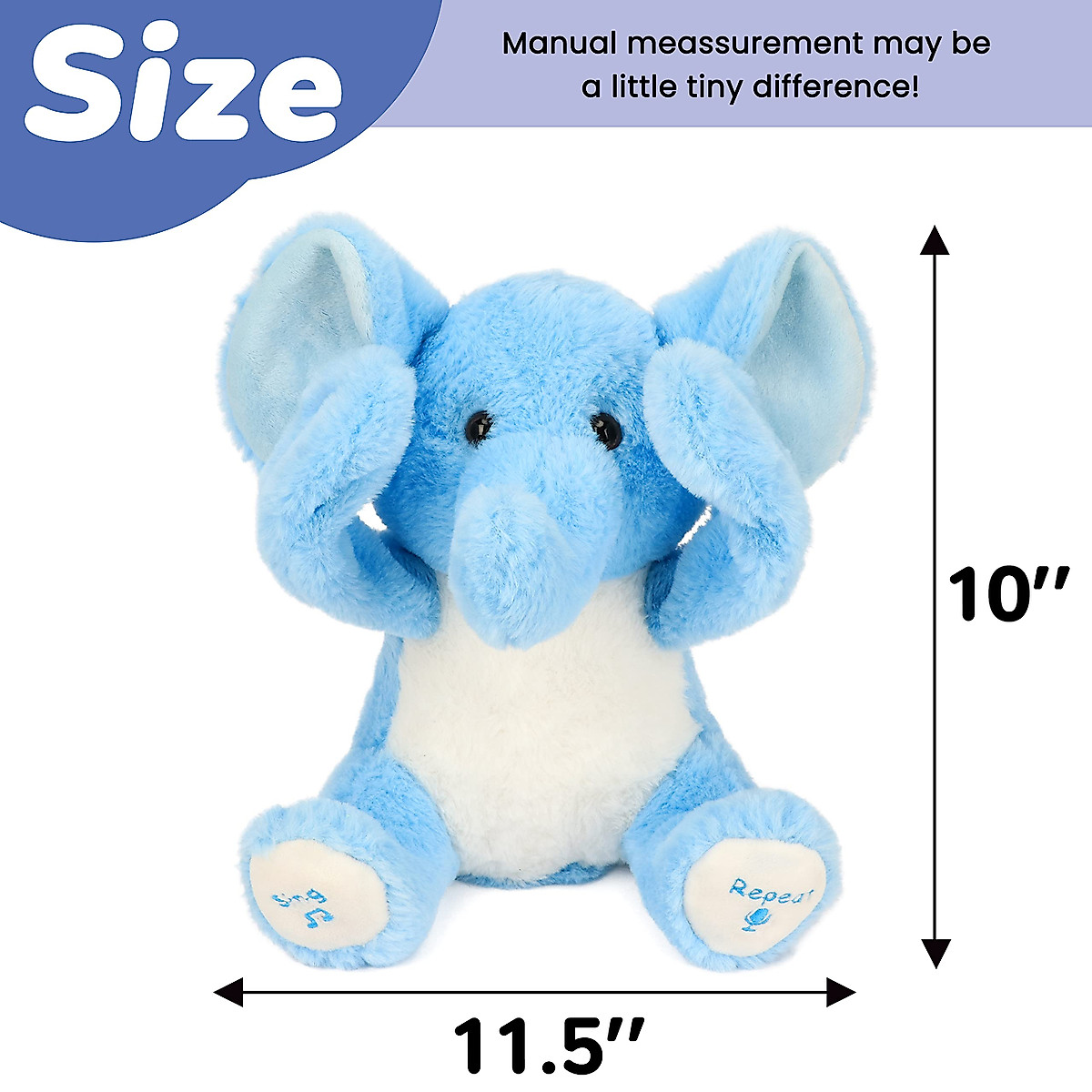 Hopearl Peek A Boo Elephant Interactive Repeats What You Say Plush Elephish Toy Musical Singing Talking Stuffed Animal Adorable Electric Animate Birthday Festival, Blue, 11.5''