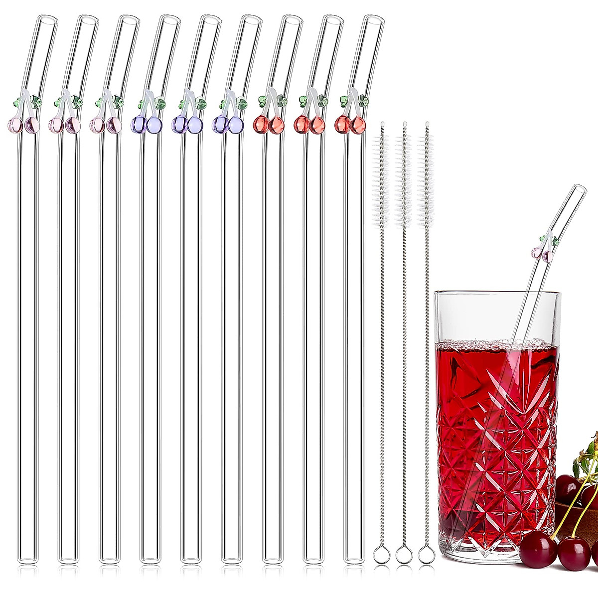9 Pcs Reusable Glass Straws with Design 8 mm x 7.9 Inch Colorful Cherry on Clear Straw Bent Glass Cherry Straws with Cleaning Brush for Cocktail Juice Shakes Beverages Cocktails