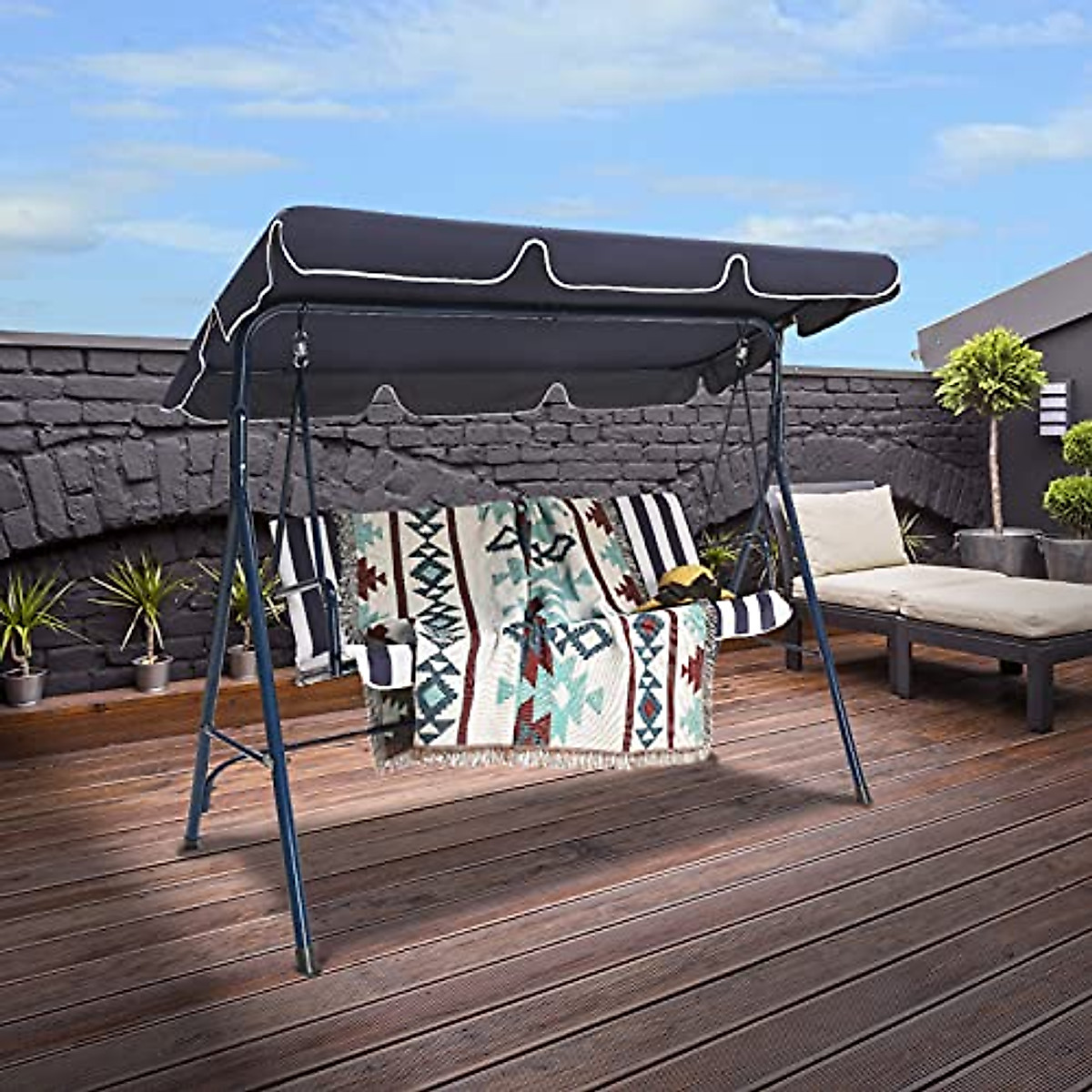 SUPERJARE Porch Swing with Adjustable Height Chain, 70’’ Convertiable Canopy Outdoor Swing, 3 Person Patio Swing, Outside Swing Chair for Yard, Garden, Poolside - Blue and White