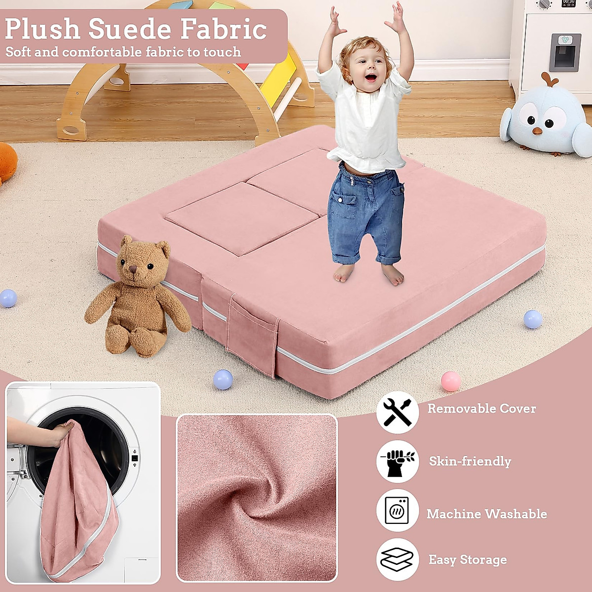 GarveeHome Kids Play Couch, 3Pcs Modular Kids Couch Toddler Couch for Playroom Bedroom Furniture, Convertible Foam Kids Play Sofa with Removable Cover, Pink