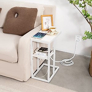 Yoobure C Shaped End Table with Charging Station, Small Side Tables for Living Room Bedroom, Sofa Table with USB Ports and Outlets for Small Spaces, Couch Table Rustic Snack Table Bed Side Table