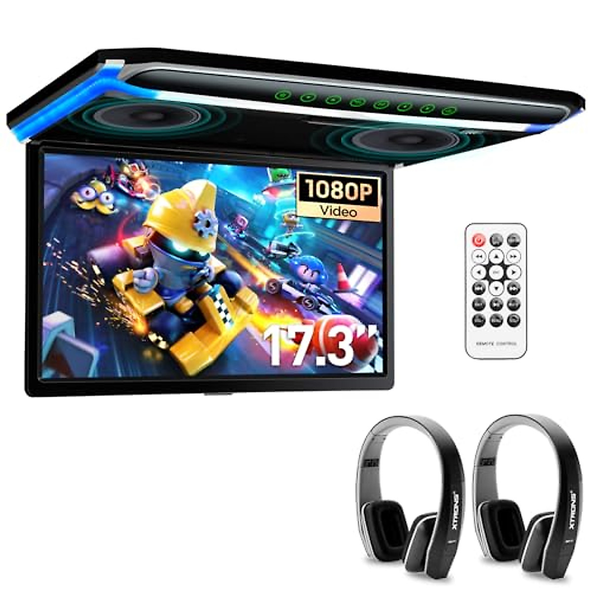 XTRONS® 17.3 Inch 16:9 Ultra-Thin FHD Digital TFT Screen 1080P Video Car Overhead Player Roof Mounted Monitor HDMI Port 1920 * 1080 Full High Definition with New Version Black IR Headphones (No DVD)