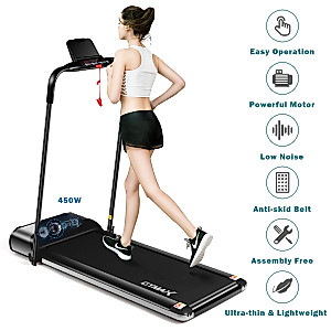 GYMAX Folding Treadmill, Slim Foldable Exercise Running Walking Machine with LED Monitor & Tablet/Phone Holder, Ultra-Thin Installation-Free Treadmill for Home/Gym Black