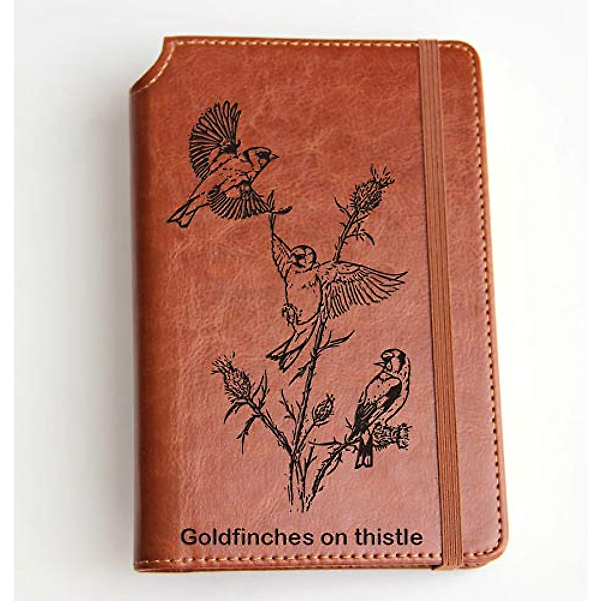 Goldfinches on Thistle journal with custom text leather bound, strip with the same color to keep it closed, jotter, scribbling pad, pet loss journal