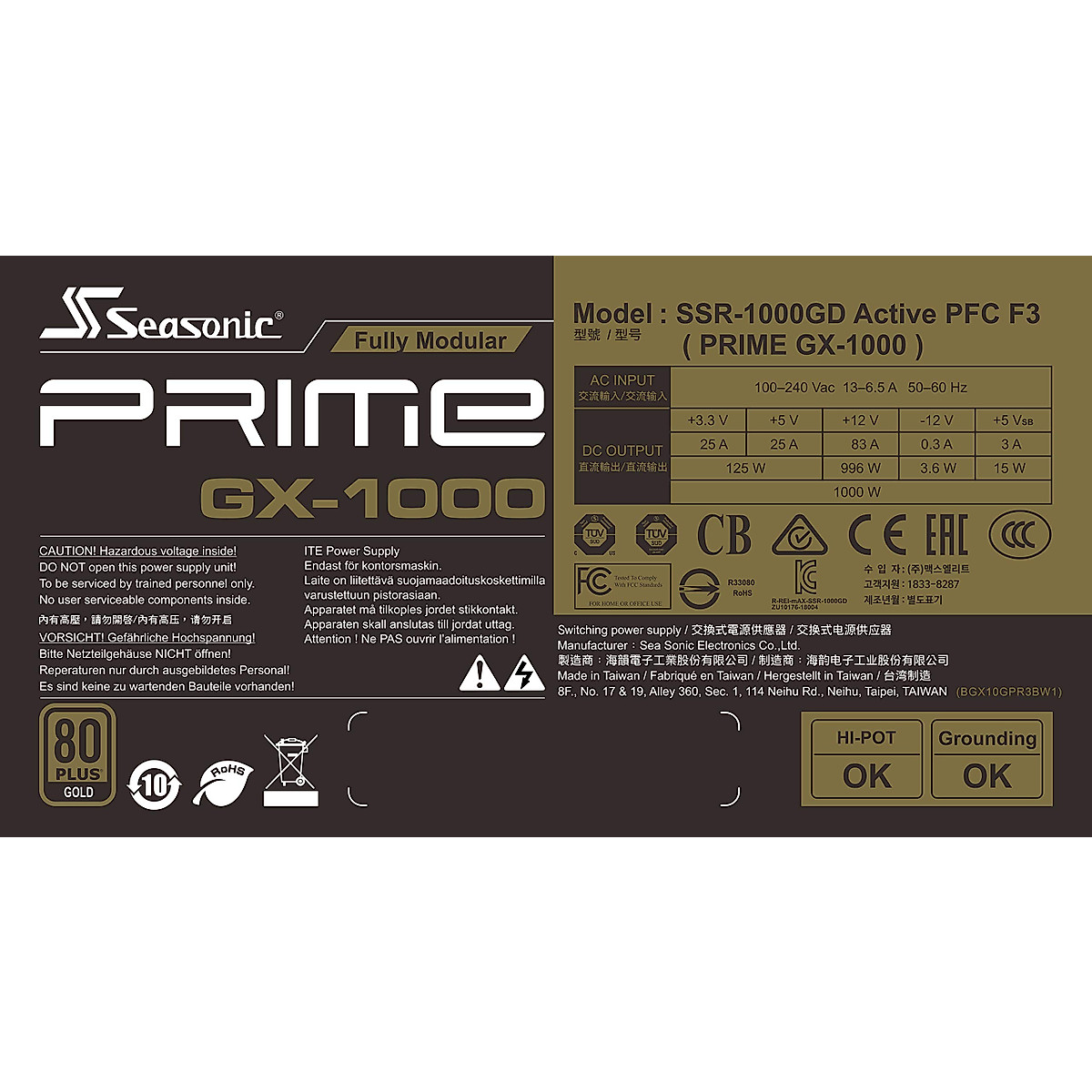 Seasonic PRIME 1000 Gold SSR-1000GD 1000W 80+ Gold ATX12V & EPS12V Full Modular 135mm FDB Fan Power On Self Tester Power Supply