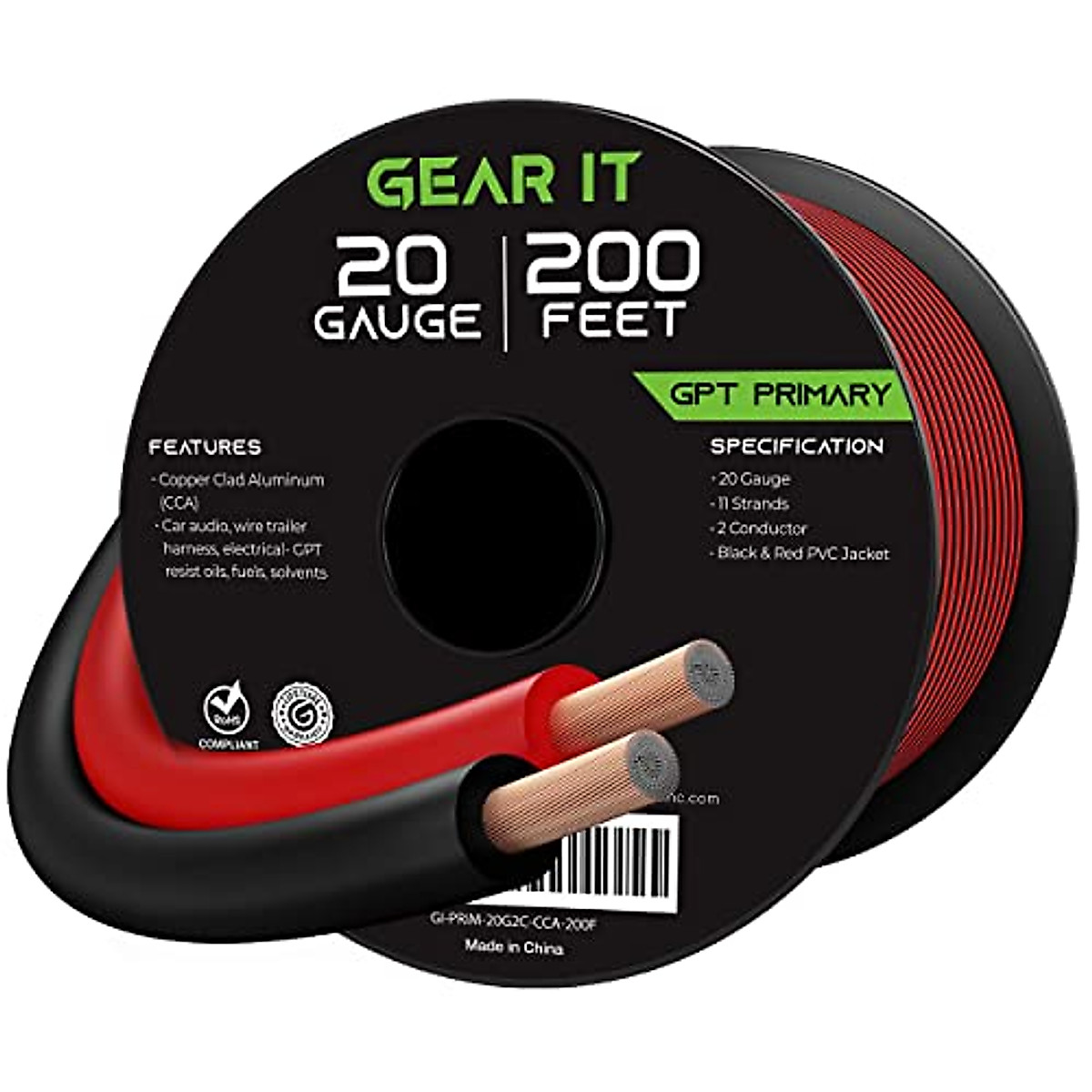 GearIT 20 Gauge Wire (200ft - Black/Red) GPT Automotive Primary Bonded Wire - Copper Clad Aluminum CCA - Car Audio, Speaker Wire, Trailer Harness, Electrical - 200 Feet Total 20ga awg