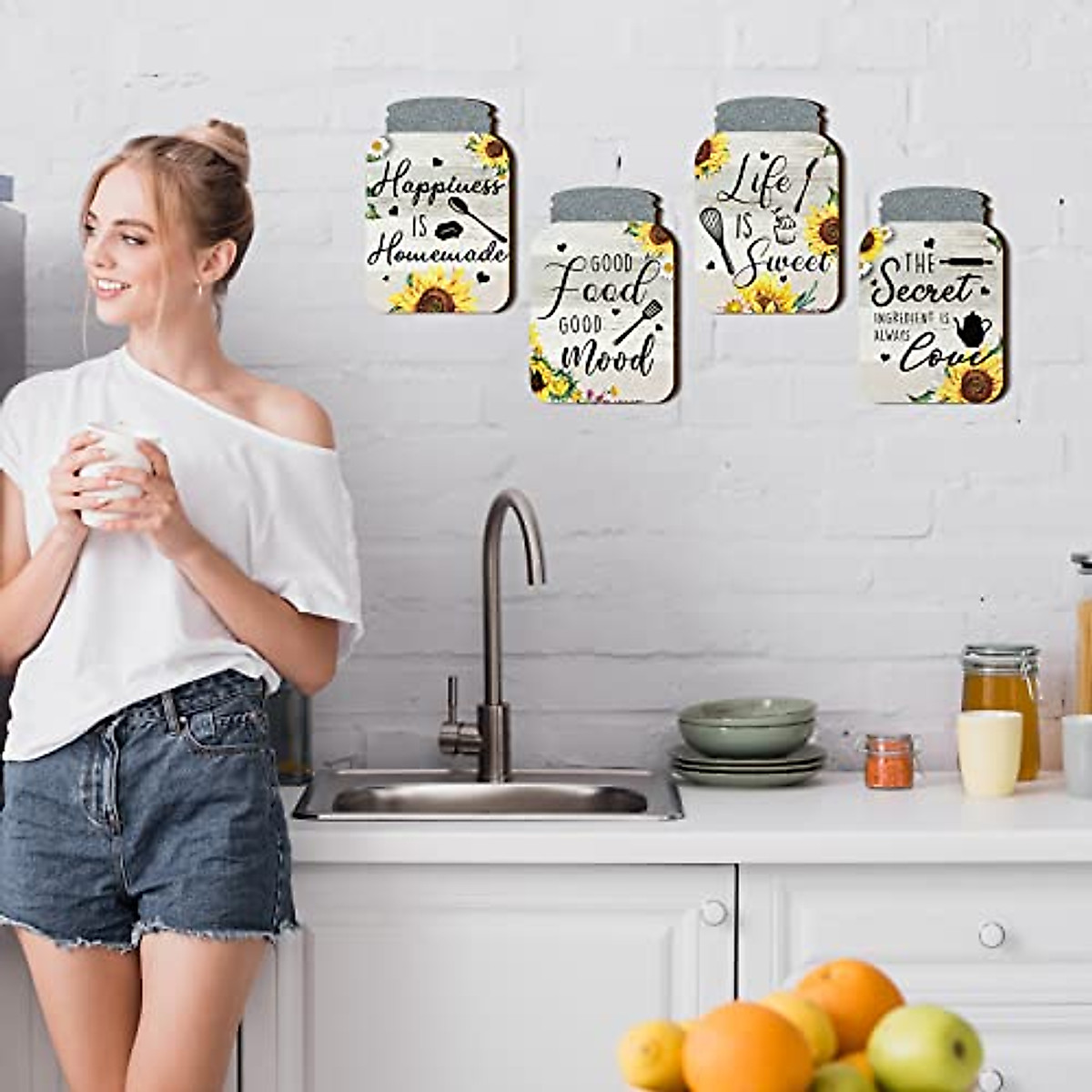 4 Pcs Kitchen Wall Decor Mason Jar Set Wooden Rustic Home Decor Country Kitchen Decor Kitchen Signs Rustic Farmhouse Decorations Kitchen Wall Art Mason Jar Wall Hanging Plaque, 6 x 4 Inch (Sunflower)