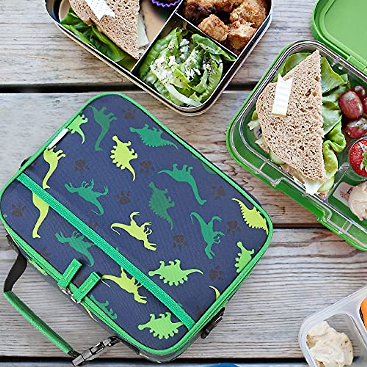 VASCHY Lunch Box Bag for Kids, Reusable Insulated Lunch Box Containers Coolers for Toddler Boys and Girls with Detachable Shoulder Strap for Daycare School Dinosaurs