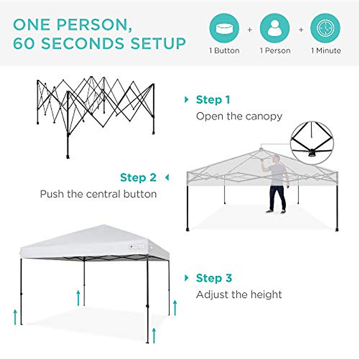 Best Choice Products 10x10ft 1-Person Setup Pop Up Canopy Tent Instant Portable Shelter w/ 1-Button Push, Straight Legs, Wheeled Carry Case, Stakes - White