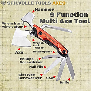 Stilvolle tools Axe 9 ax with 9-Featured Multi-Tool Hammer, Wrench, Wire Cutter, ax, Bottle Opener, Phillips Screwdriver, Flat-Blade Screwdriver, Nail File, Saw, Knife (Orange)