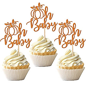 24 PCS Pumpkin Oh Baby Cupcake Toppers Glitter Fall Theme pumpkin Cupcake Picks Baby Shower Cake Decorations for Pumpkin Theme Gender Reveal Kids Birthday Party Supplies Orange