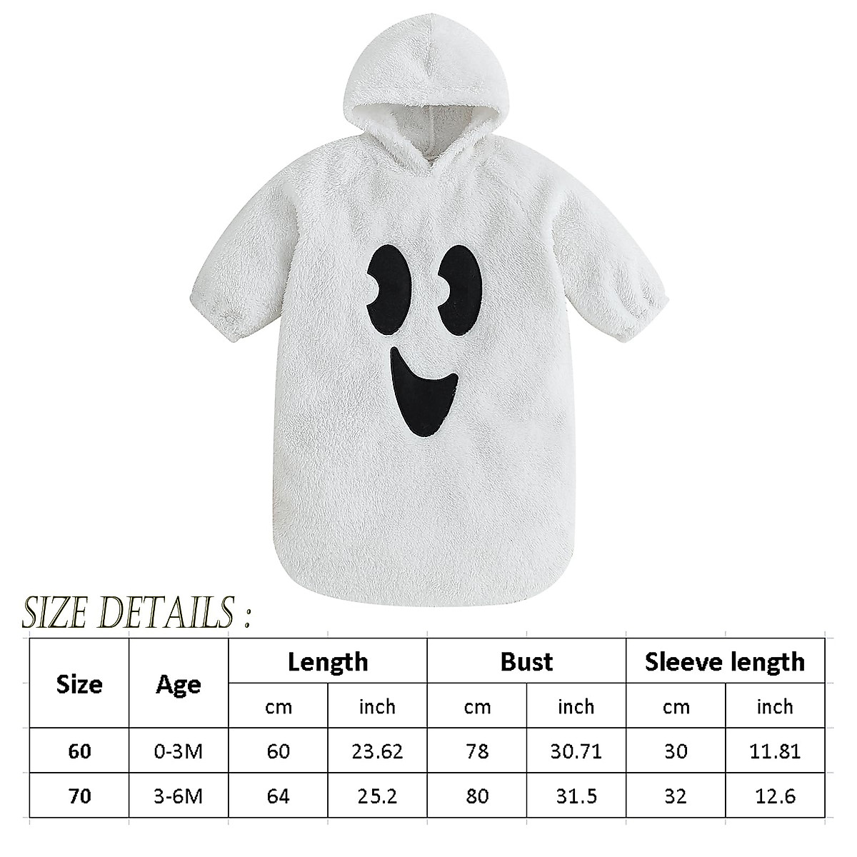 BOIBOKOKO Baby Girl Boy Halloween Costumes Ghost Long Sleeve Hoodie Romper Jumpsuit Cute Baby Halloween Outfit (White, 0-3 Months)