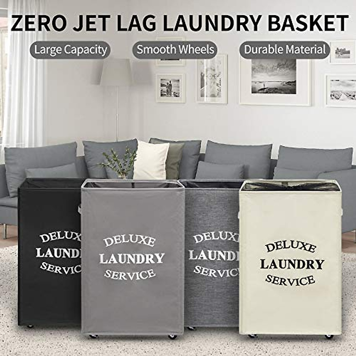 ZERO JET LAG 90L Large Slim Rolling On Wheels Laundry Hamper Basket Tall Dirty Clothes Hamper Clothes Storage Basket Standable Corner Handy Bin Hamper Basket 12x16x26" (Beige)