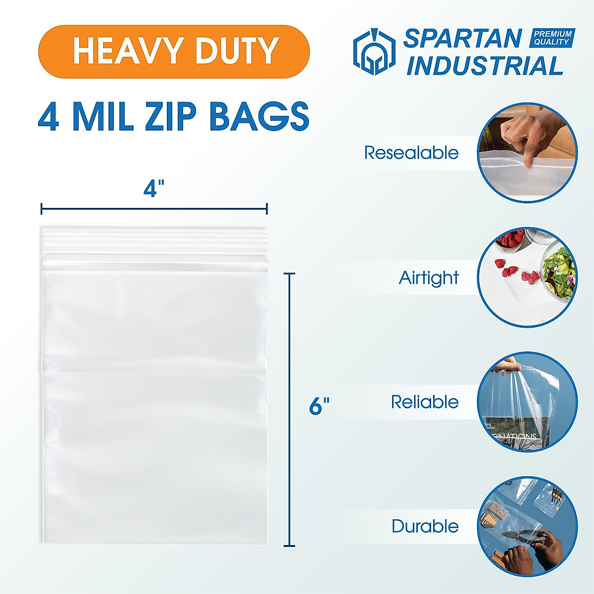 Spartan Industrial - 4” X 6” (1000 Count) 4 Mil Thick Clear Reclosable Zip Plastic Poly Bags with Resealable Lock Seal Zipper - Heavy Duty and Durable