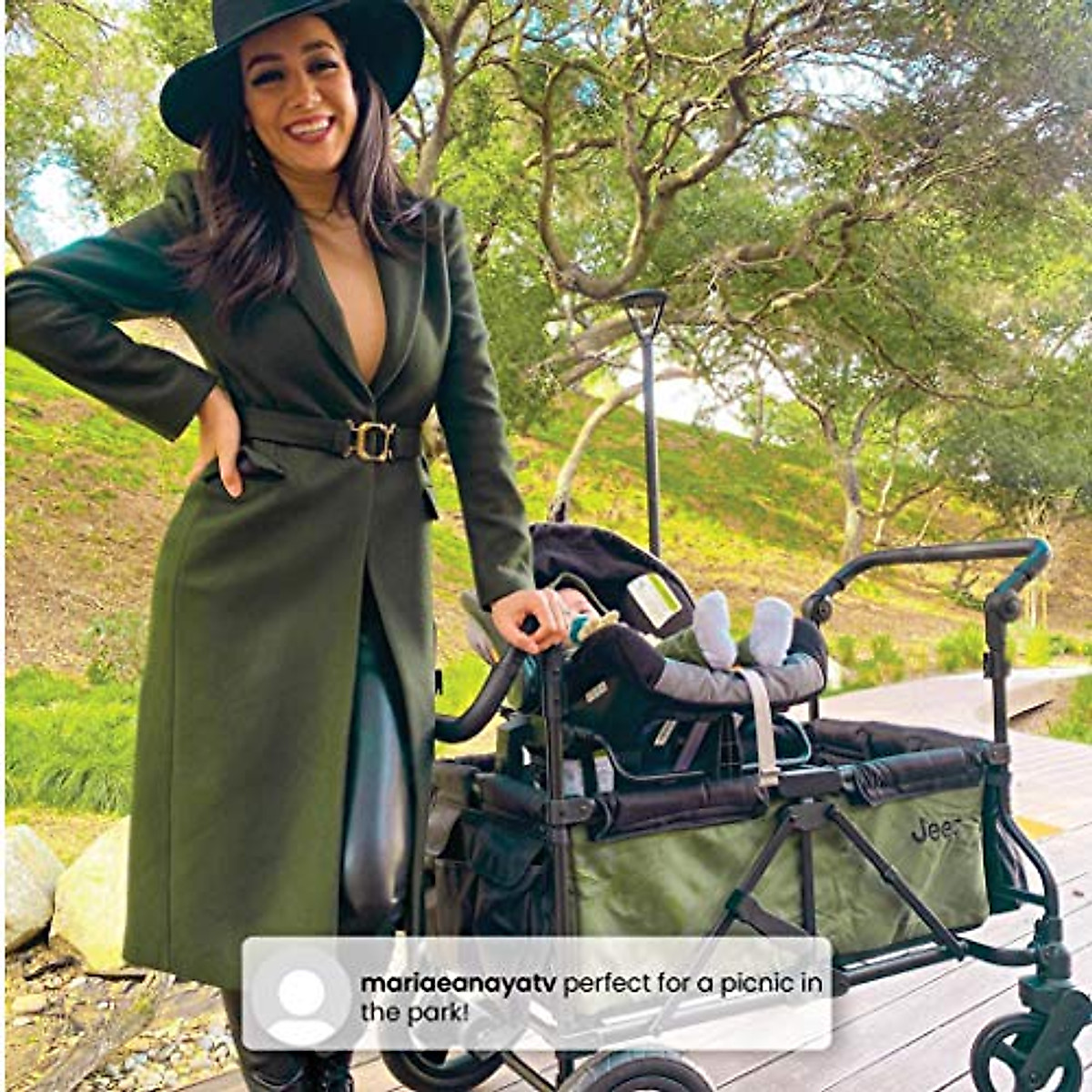 Jeep Deluxe Wrangler Stroller Wagon by Delta Children - Includes Cooler Bag, Parent Organizer and Car Seat Adapter, Black/Green