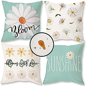 ONWAY Spring Pillow Covers 18x18 Set of 4 Daisy Bloom Waterproof Throw Pillow Covers Floral Summer Outdoor Decor Sunshine Farmhouse Flower Garden Decorations for Patio Porch Couch Sofa