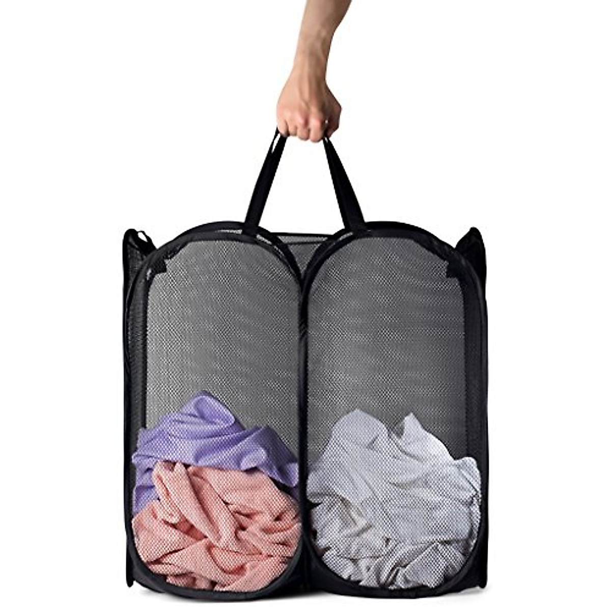 Mesh Popup Laundry Hamper - Two Compartments, Collapsible for Storage and Easy to Open. Folding Pop-Up Clothes Hampers are Great for The Kids Room, College Dorm or Travel. (Black)