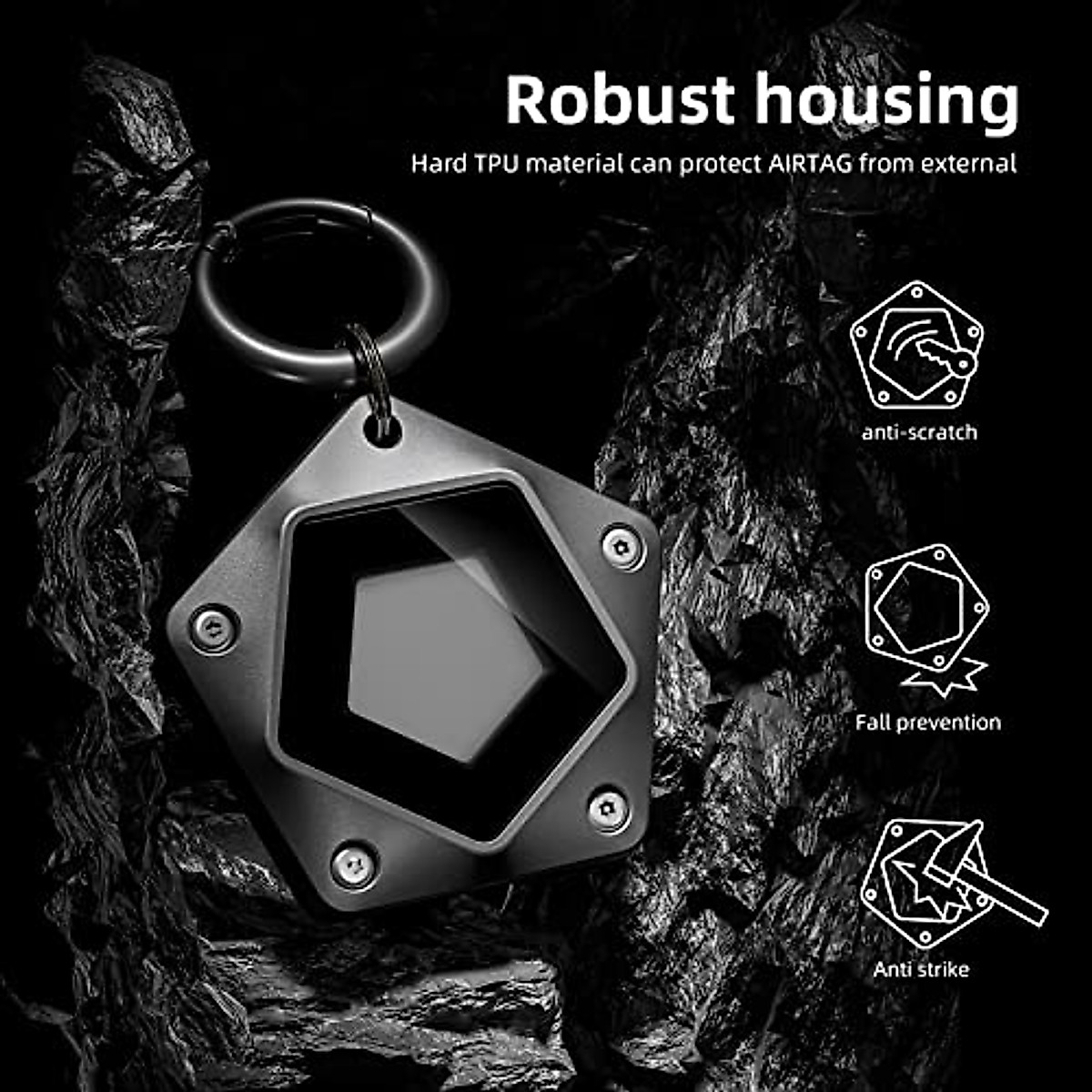 Jeanue-Compatible Apple Airtag Holder Keychain Case Waterproof, Heavy Duty Air Tags Tracker Cover with Strap Carabiner Key Ring Black 4 Pack