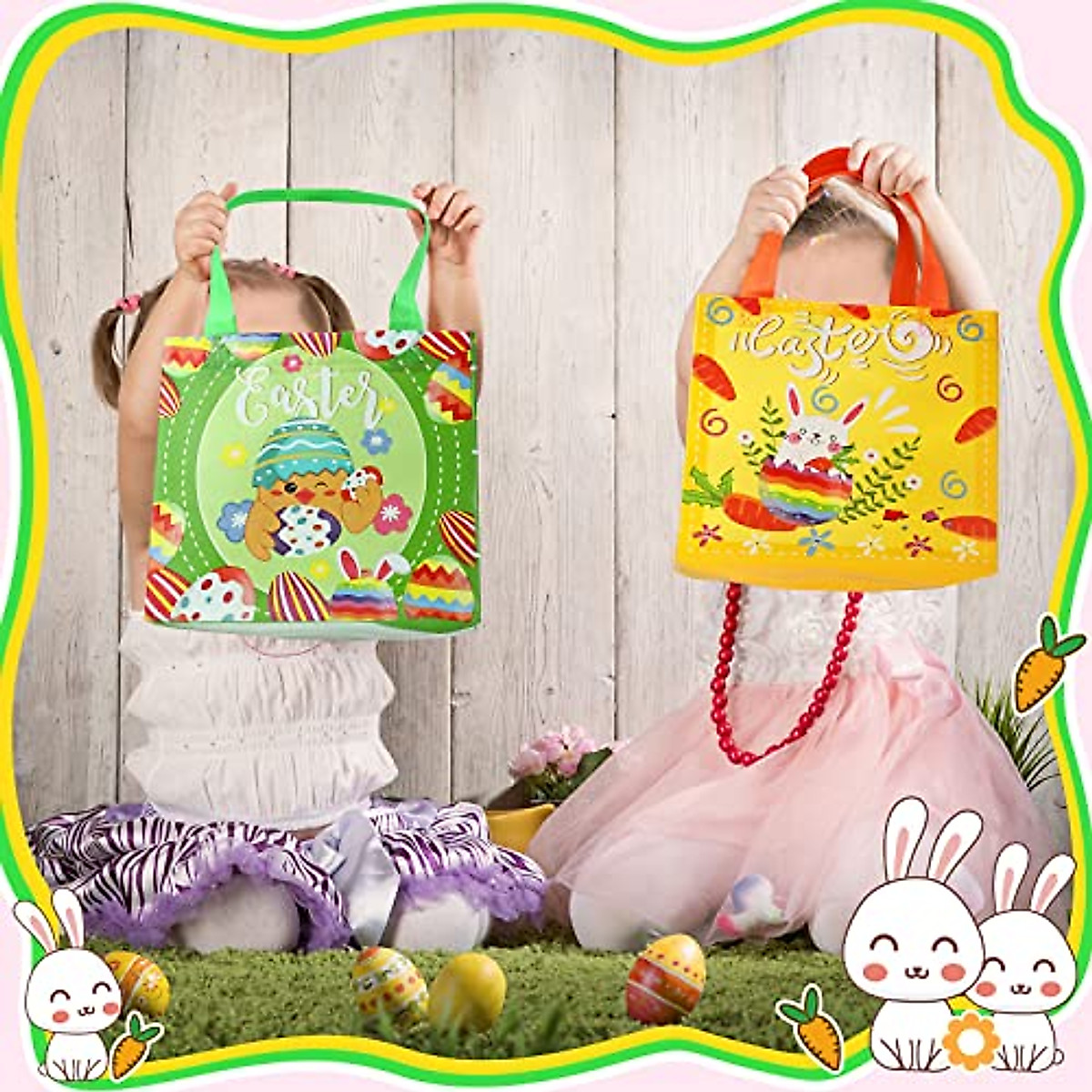32 Pcs Easter Gift Bags Large 8 x 8 x 6 Inch Easter Non Woven Bags with Handles Rabbit Bunny Reusable Easter Tote Bags for Easter Egg Hunt, Party Favor Supplies