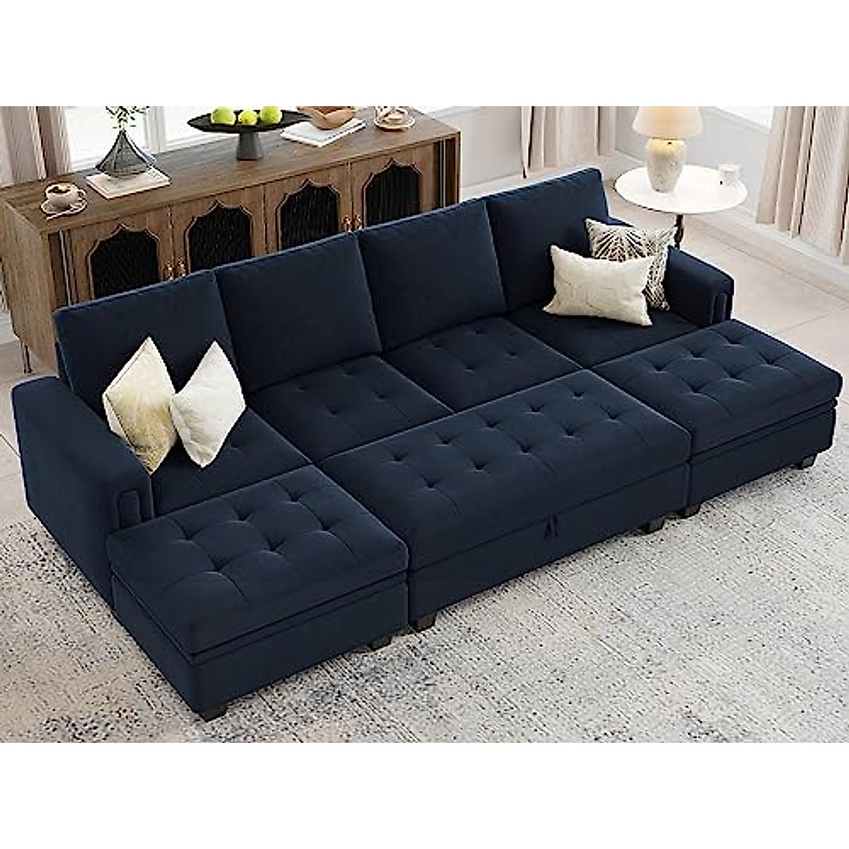 Belffin Velvet Convertible 4-Seat Sectional Sleeper Sofa with Reversible Chaise Sleeper Sectional Couch Bed with Storage Ottoman Sectional Sofa Couch Set Blue