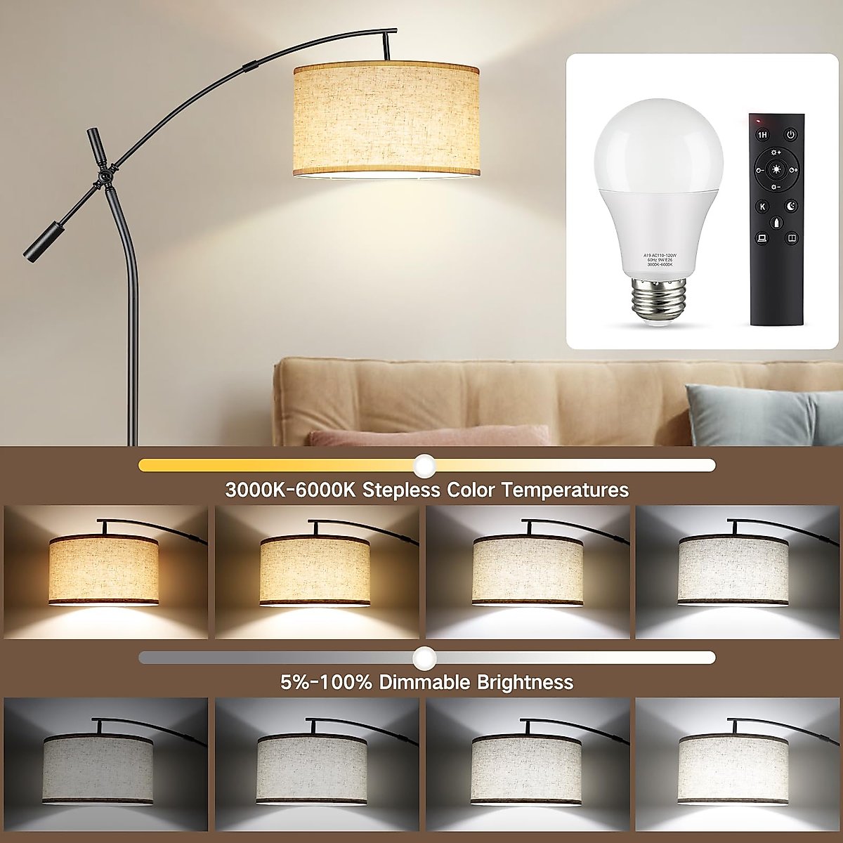 OUTON A19 LED Light Bulb with Remote Control, Efficient 9W LED Bulb (60Watt Equivalent), 810 LM, Dimmable, 3000K-6000K, E26 Base, Light Bulb with Timer for Living Room, Bedroom, 1Bulb & Remote