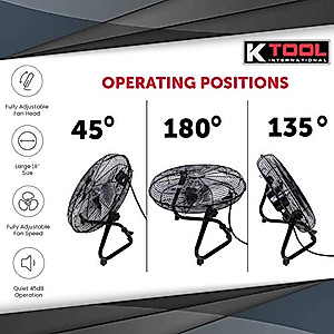 K Tool International 77721; 18” Floor Fan; Commercial, Residential, and Industrial Use, 3 Speed High Velocity Motor, Multiple Angle Tilt for Various Positions, 2,447 Max CFM, 1 Year Warranty, Black