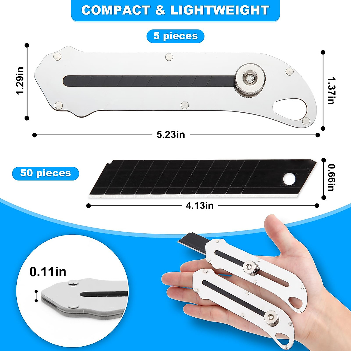 wapstibck 5 PACK Utility Knife Set, Stainless Steel Heavy Duty Multifunctional Retractable Box Cutter with 50 PCS SK5 Blades for Cardboard Packages Boxes Paper