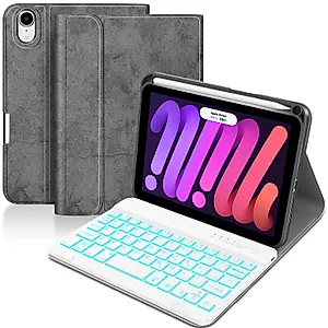 JUQITECH iPad Mini 6 Case with Keyboard - iPad Mini 6th 2021 8.3" Backlit Bluetooth Wireless Magnetic Detachable Rechargeable Keyboard Smart Folio Stand Honeycomb Tablet Cover with Pencil Holder, Gray