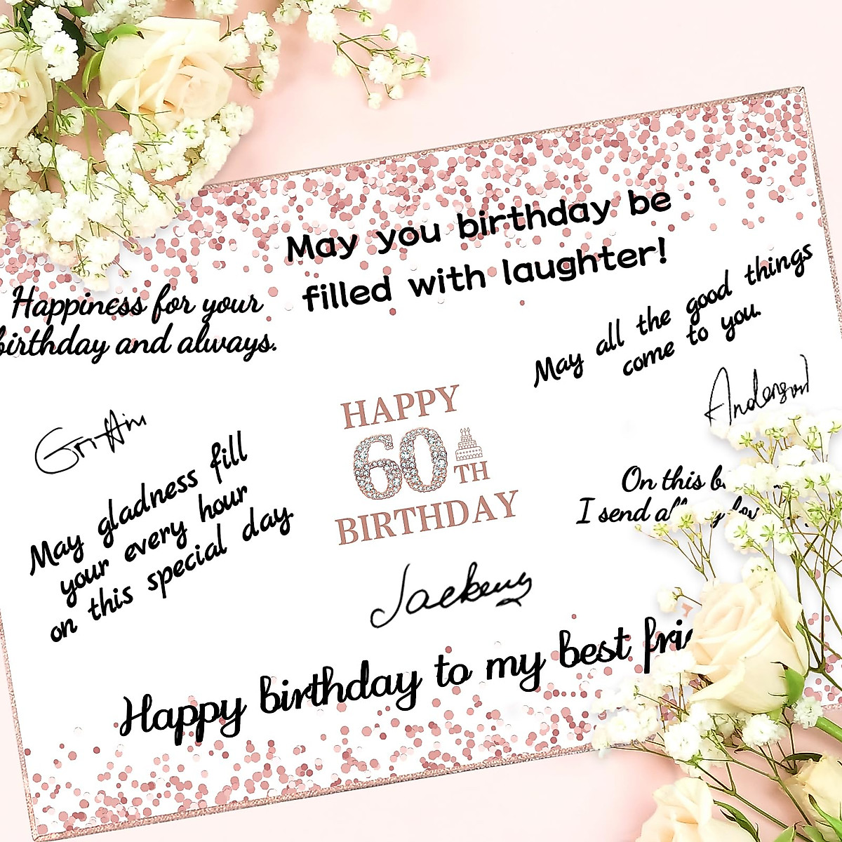 Holkcog Rose Gold 60th Birthday Decorations, Happy 60th Birthday Signature Board, Pink 60th Birthday Card Guest Book Alternative, 60th Birthday Gifts for Women, 60 Years Old Birthday Party Supplies