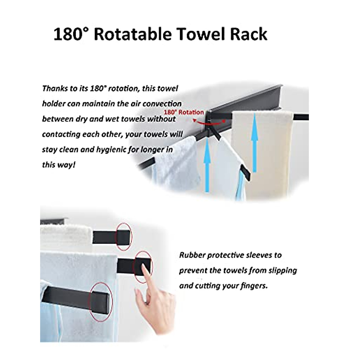 MAOERFUL 3 Swing Arms Towel Holder Wall Mount Towel Rack Dish Rag Dishcloths Washcloth Storage Organizer Hanger Swivel Hand Towel Bar for Sink Door Cabinet in Kitchen Bathroom (Black)